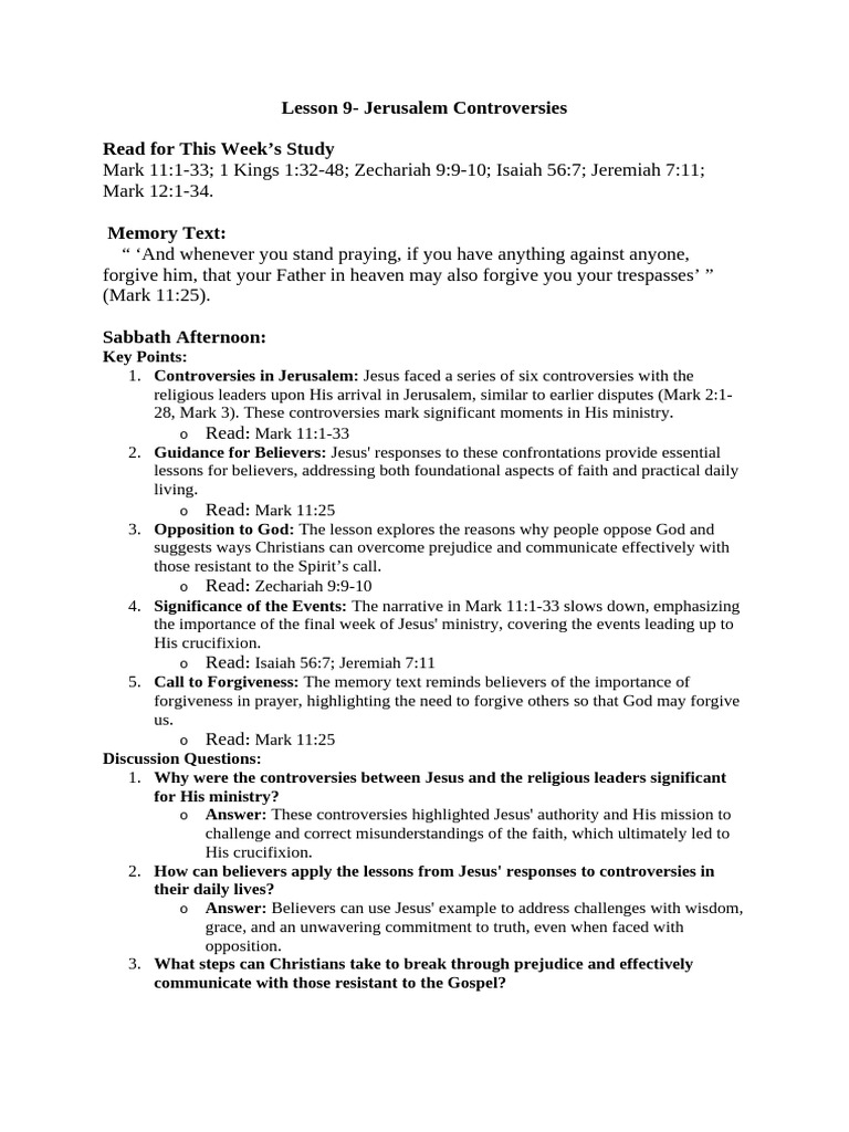 Lesson 9 Jerusalem Controversy | PDF | Jesus | Gospel Of Mark