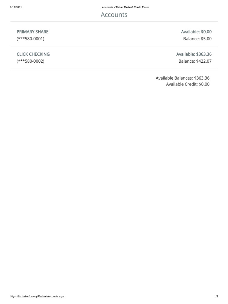 Tinker Federal Credit Union Account Summary | PDF
