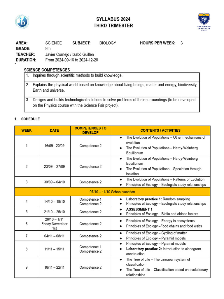 9th Grade Biology Syllabus 2024 | PDF | Ecology | Evolution