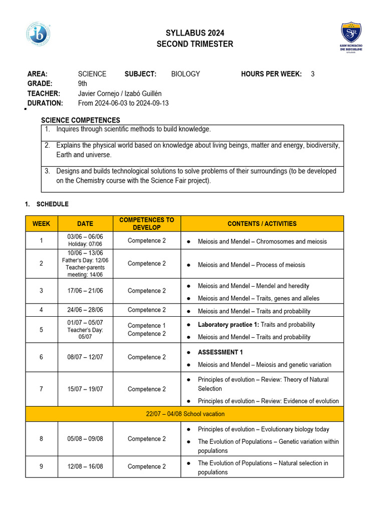 Biology 9th Grade Syllabus 2024-II | PDF | Evolution | Genetics