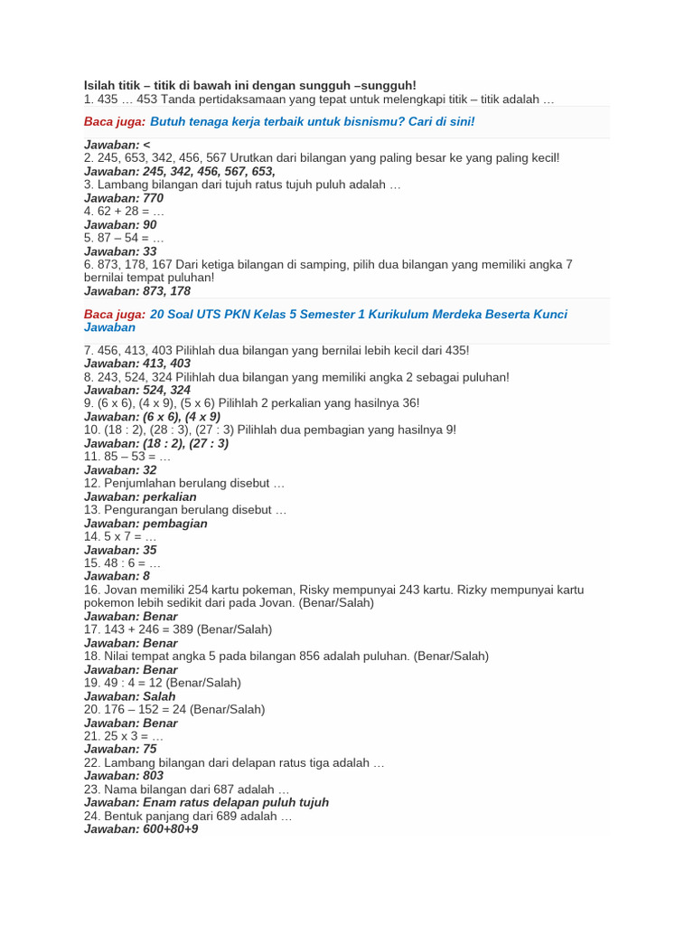 Soal Uts Matik Kelas 3 | PDF