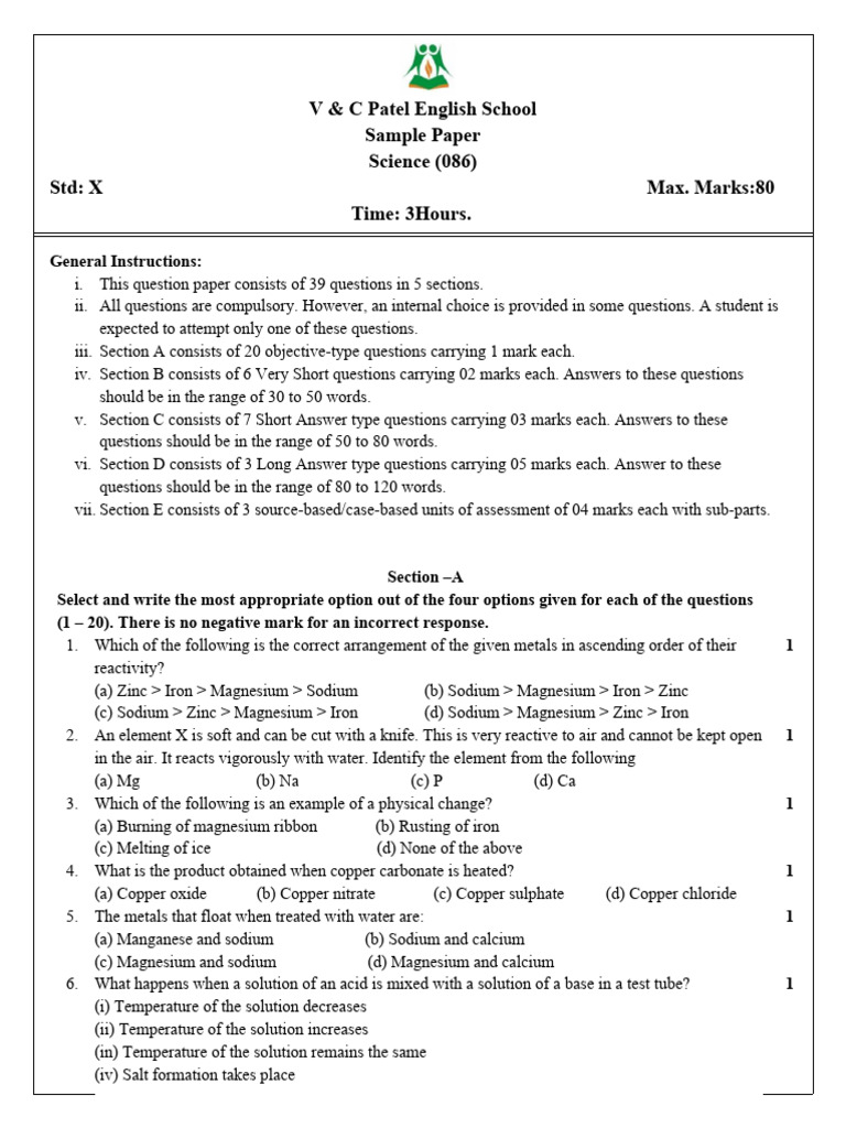 Sample Paper X | PDF | Redox | Magnesium