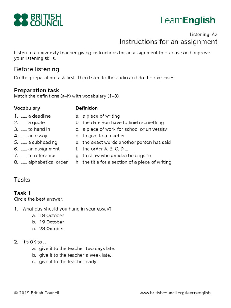 Listening A2 - Instructions For An Assignment | PDF