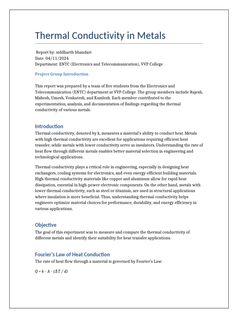 Thermal Conductivity Report | PDF | Metals | Heat Transfer