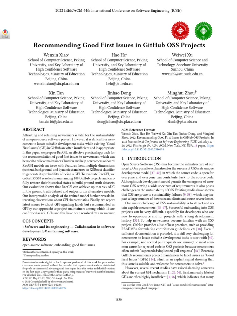 2022 - Recommending Good First Issues in GitHub OSS Projects | PDF | Receiver Operating ...