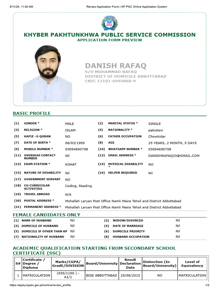 Review Application Form _ KP PSC Online Application System | PDF | Educational Stages ...