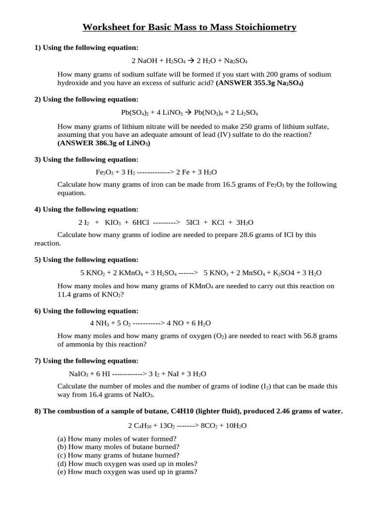 Stoichiometry Review Worksheet | PDF