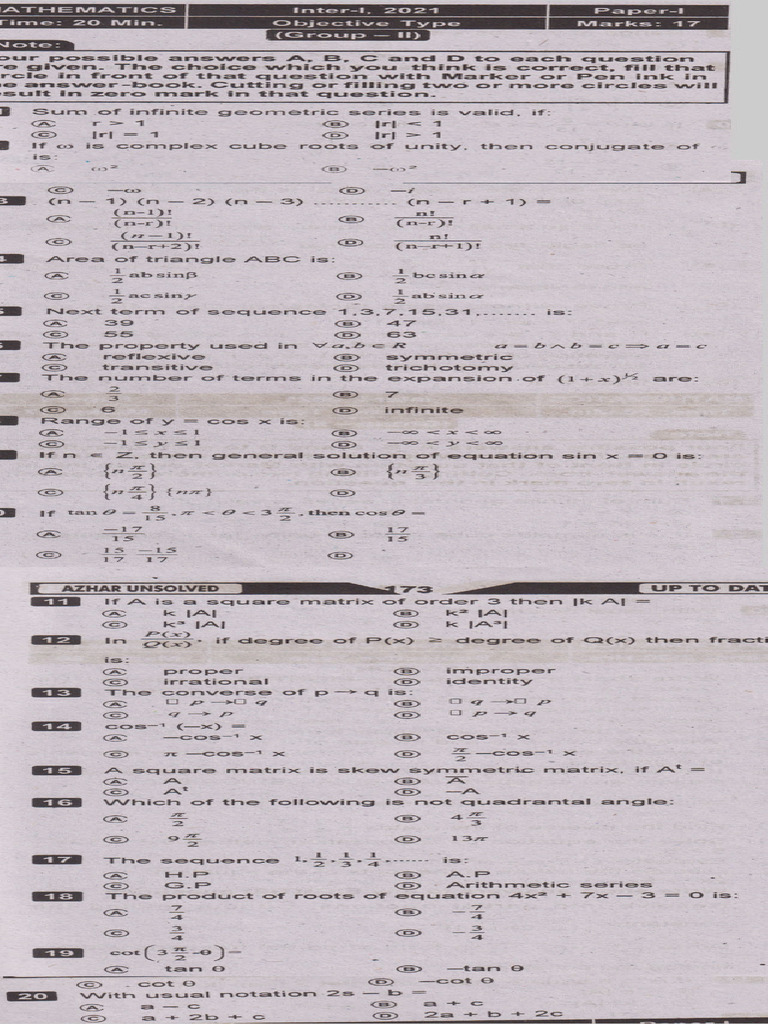 Past Papers 2021 Gujranwala Board Inter Part 1 Mathematics Group II ...