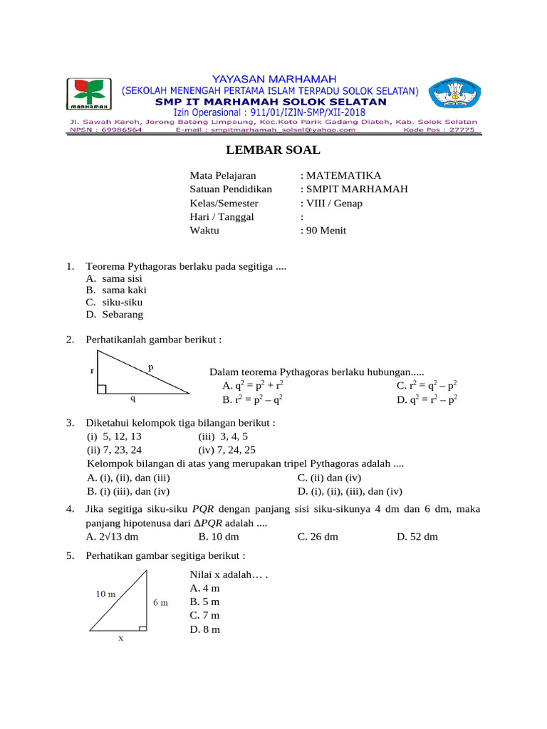 Soal MTK Kelas Viii Fix | PDF | Metode & Bahan Ajar | Griya & Taman