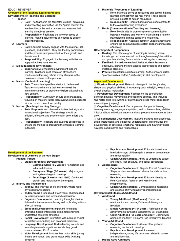 Educ 1 Reviewer | PDF | Developmental Psychology | Cognitive Development