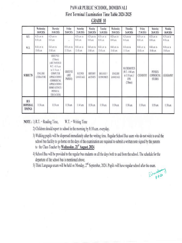 Grade 10 - Timetable and Portion of First Term Exam 2024-25 14 08 2024 ...