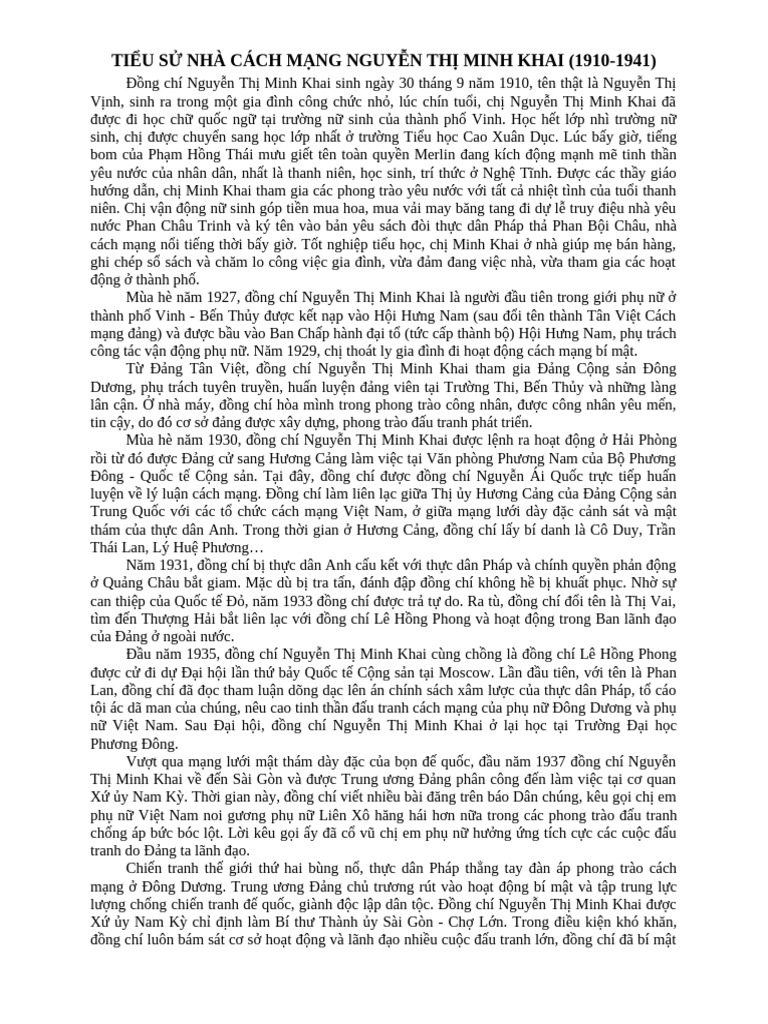 Tieu Su Nha CM Nguyen Thi Minh Khai | PDF