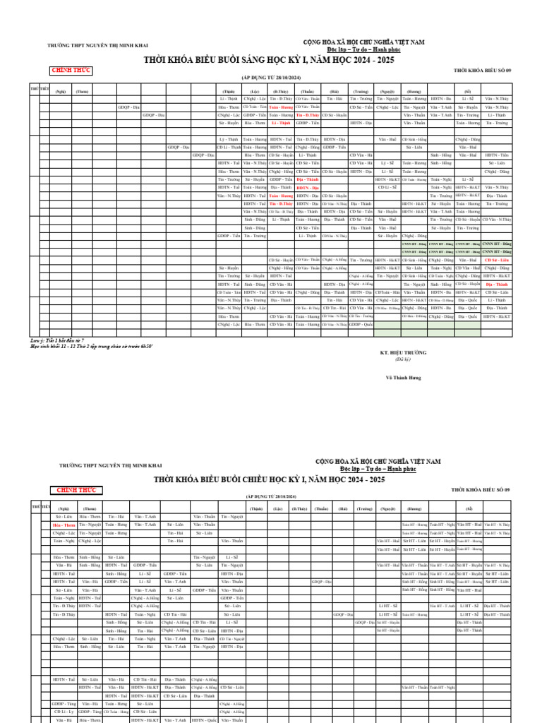 TKB CHÍNH THỨC SÔ 9 (Tuần 9) ÁP DỤNG TỪ 28 THÁNG 10 | PDF