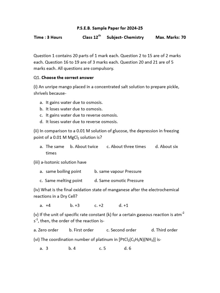 Class 12 Chemistry Sample Paper 2024-25 | PDF | Carbohydrates | Aldehyde