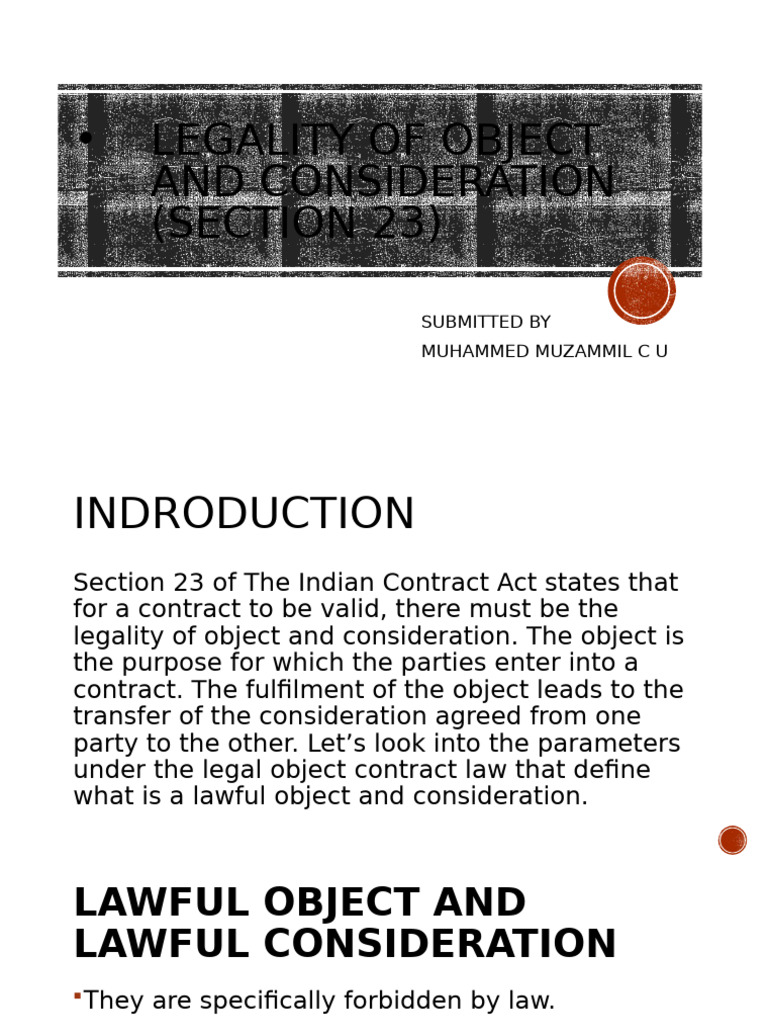 Legality of Object and Consideration (SECTION 23) : Submitted by Muhammed Muzammil C U | PDF ...