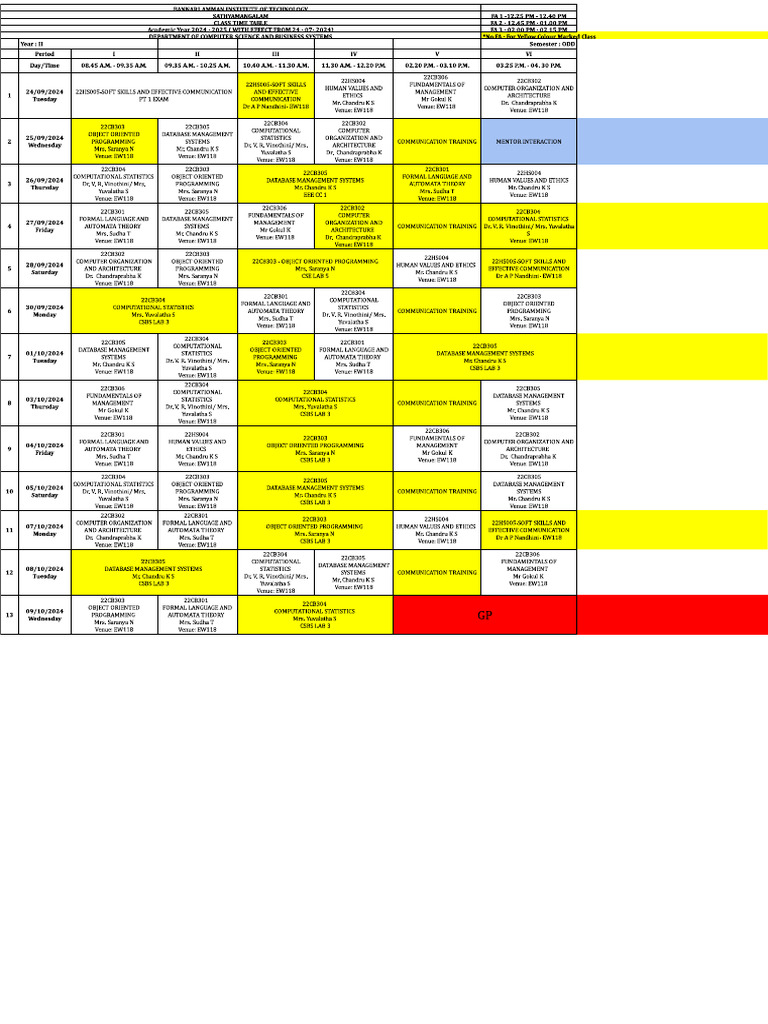S3 Updated Timetable | PDF