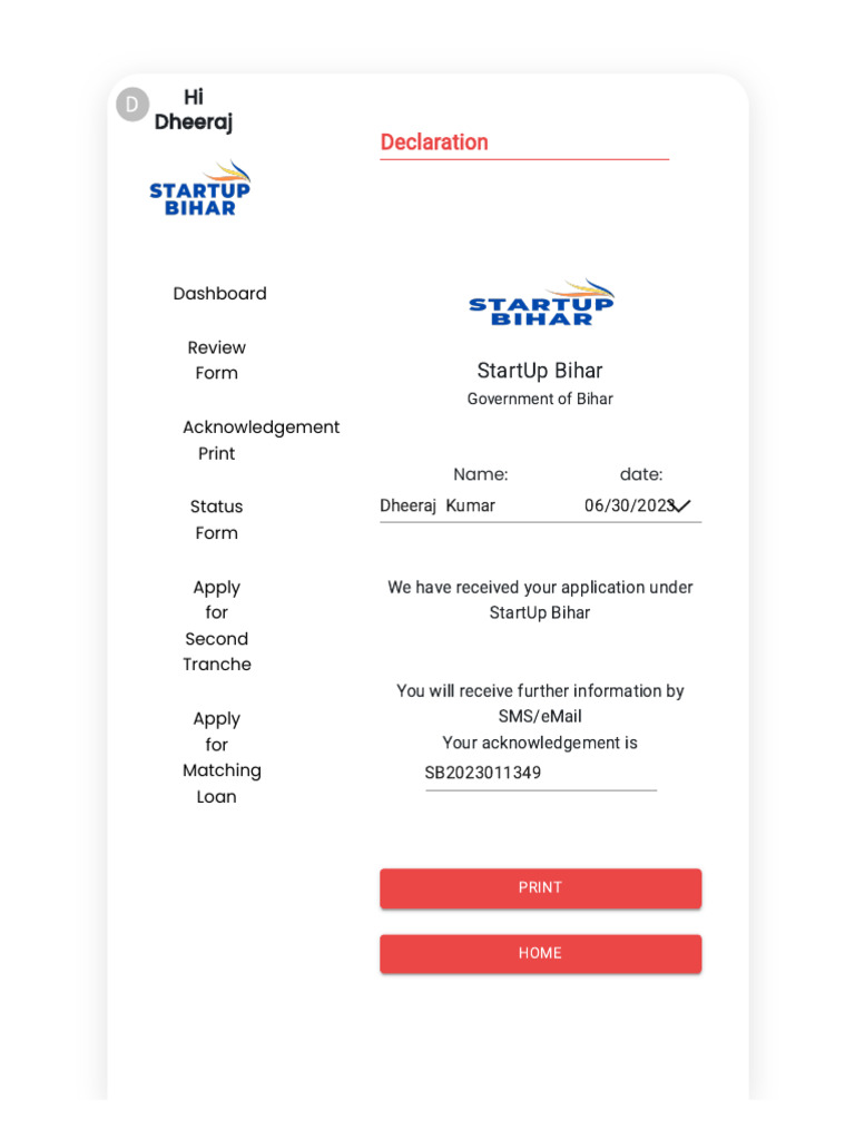 Acknowledgment Startup Bihar | PDF