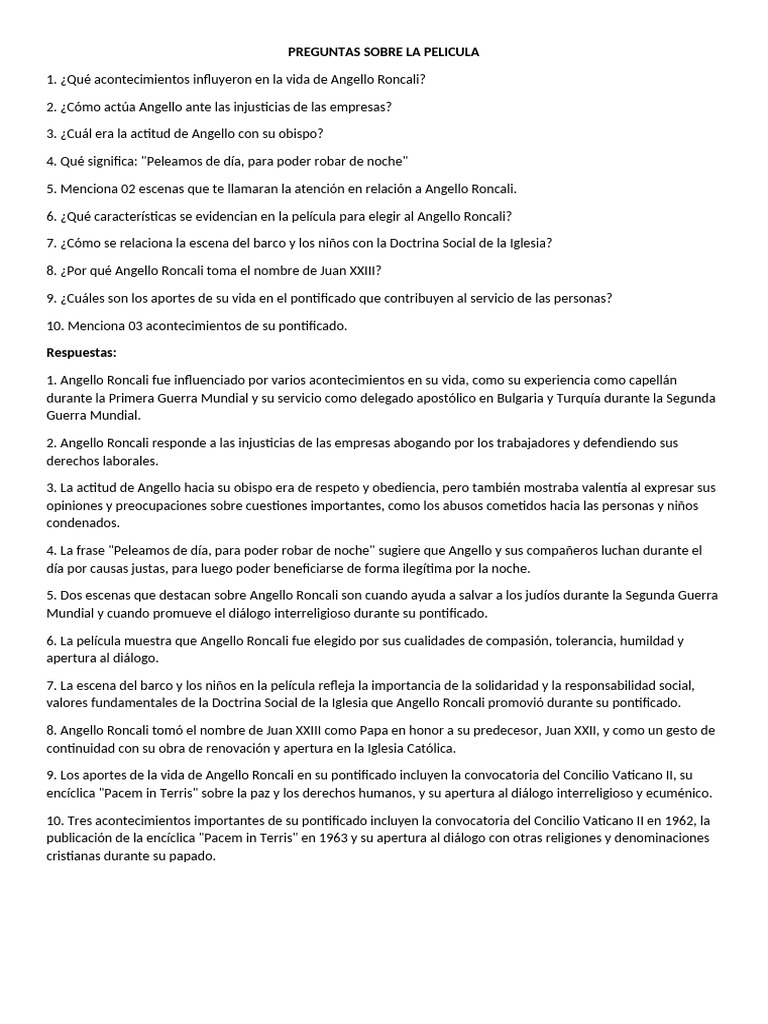 Preguntas Sobre La Pelicula | PDF | Doctrina social católica | Iglesia ...