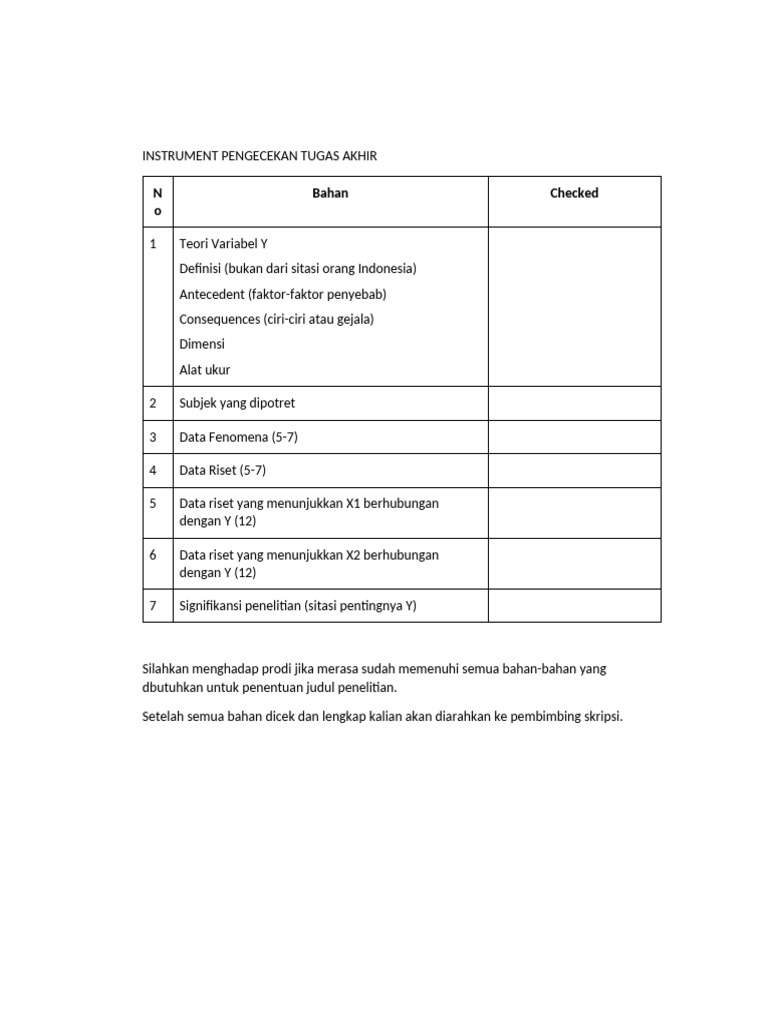 Contoh Instrumen Pengecekan Tugas Akhir | PDF