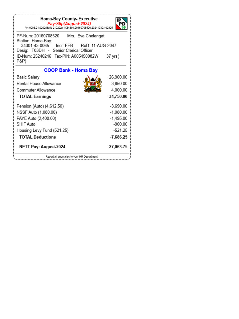 COOP Bank - Homa Bay: Pay-Slip (August-2024) | PDF
