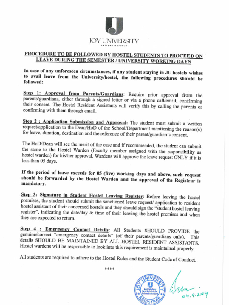 Procedure To Be Followed by Hostel Students For Leave | PDF