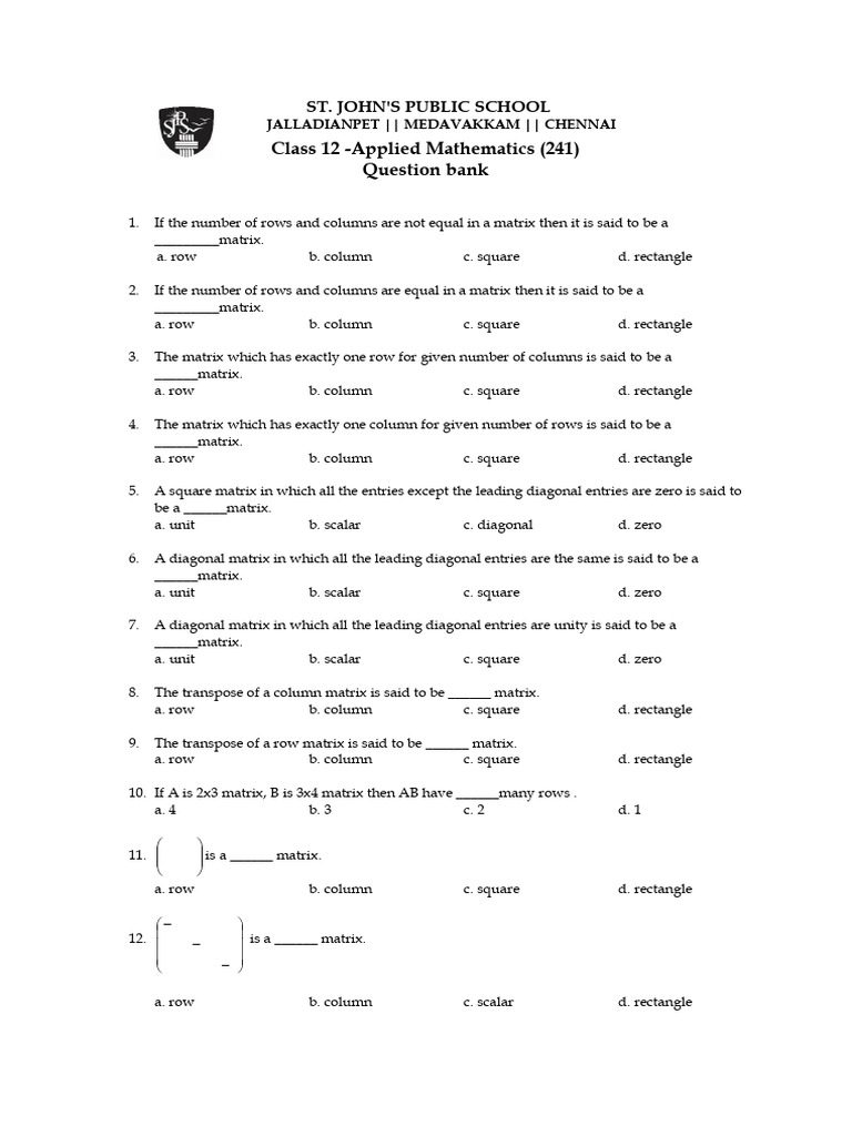 Applied Mathematics Question Bank 2024-25 | PDF | Matrix (Mathematics ...