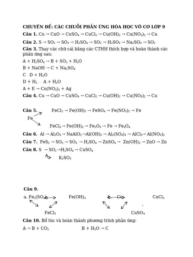 Chuyên Đề: Các Chuỗi Phản Ứng Hóa Học Vô Cơ Lớp 9 Câu 1. Câu 2. Câu 3 | PDF