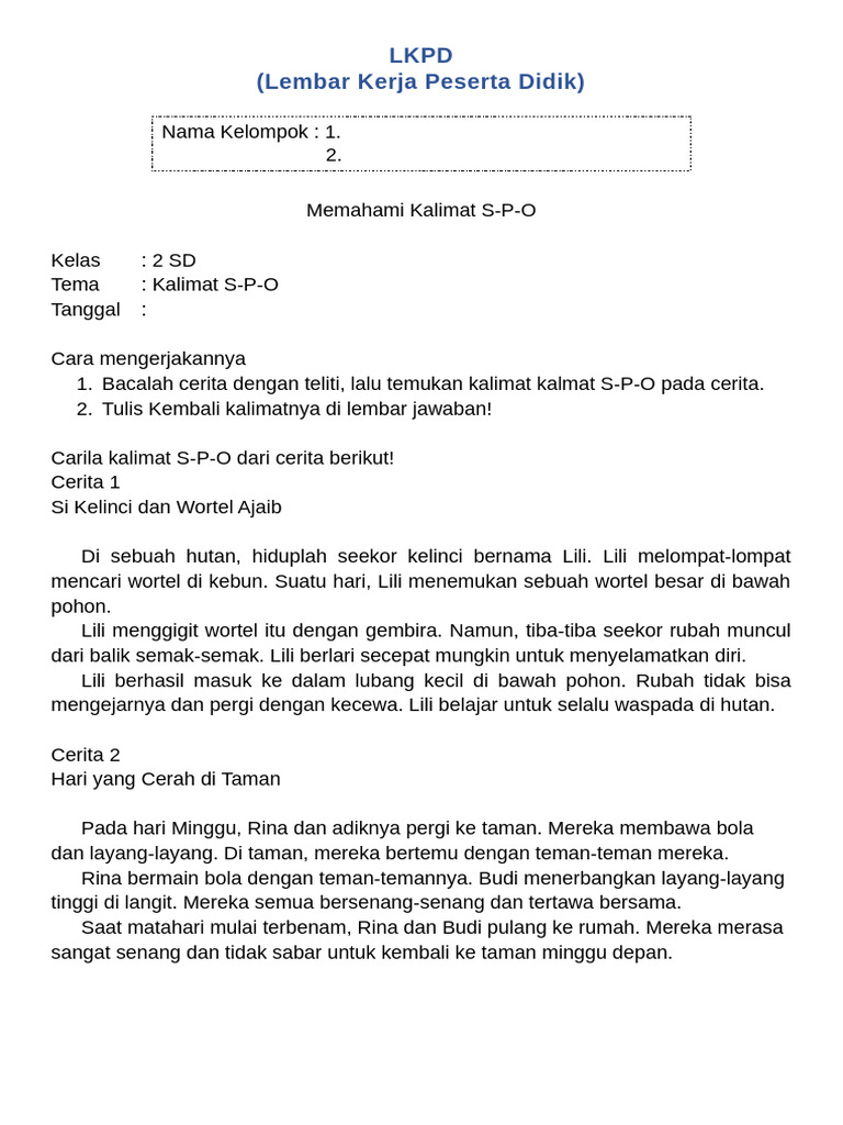 LKPD Kalimat S-P-O Kelas 2 SD | PDF | Fiksi Umum