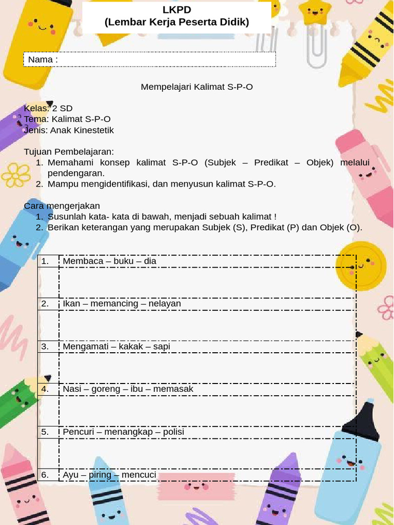 LKPD Bahasa Indonesia Kalimat SPO (Kinestetik) | PDF