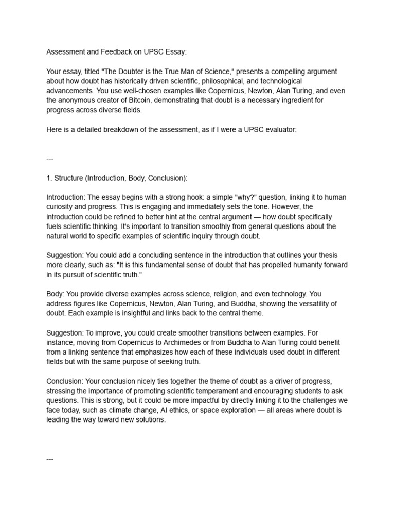 Assessment and Feedback On UPSC Essay | PDF | Essays | Science