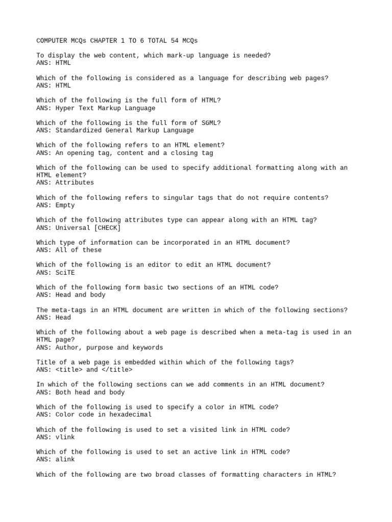 COMPUTER MCQs CHAPTER 1 TO 6 TOTAL Class 10 GSEB | PDF | Html | Html Element
