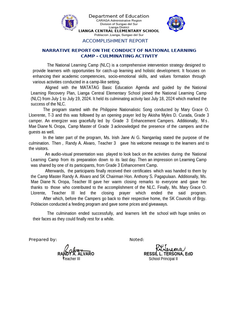 Lianga CES NLC Accomplishment 2024 | PDF | Cognition | Behavior Modification