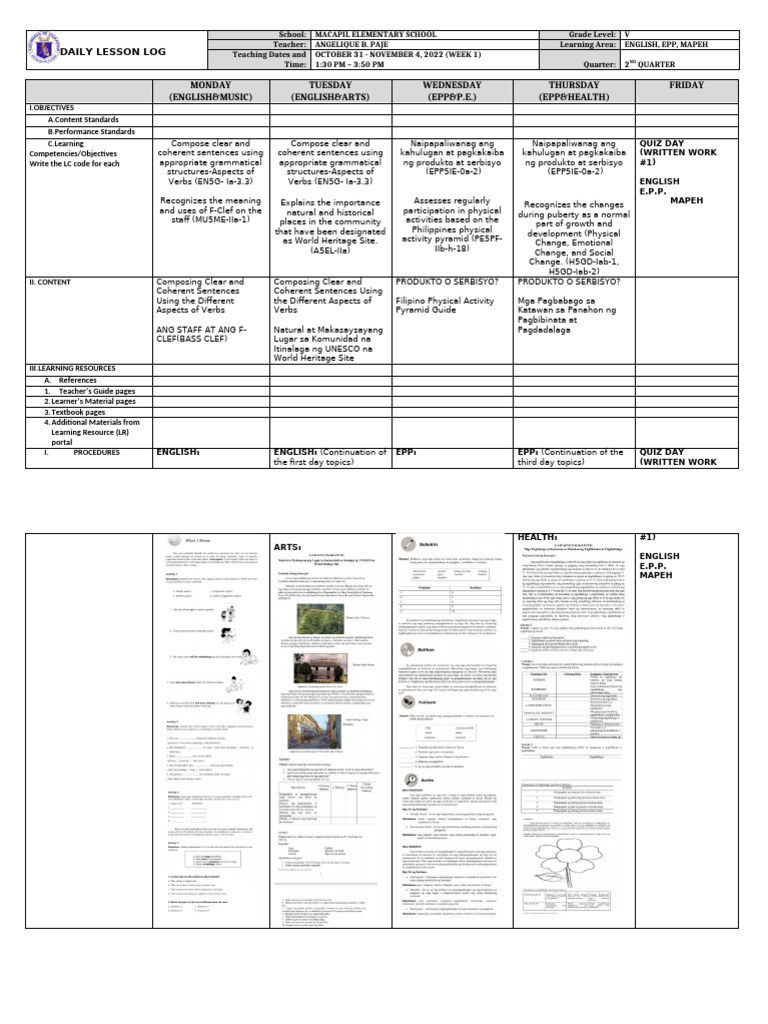 DLL English5-Epp5-Mapeh5 Q2 W1 | PDF | Cognition | Human Communication