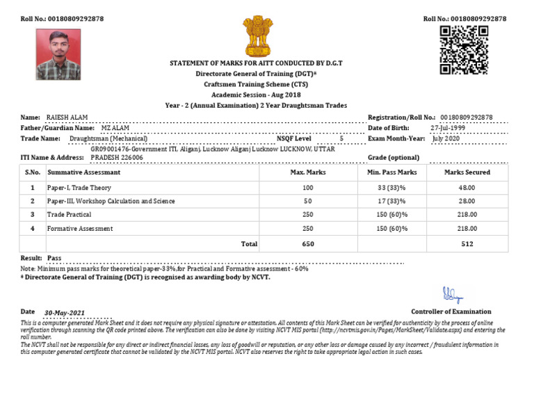 Marksheet ITI 2st YEAR | PDF