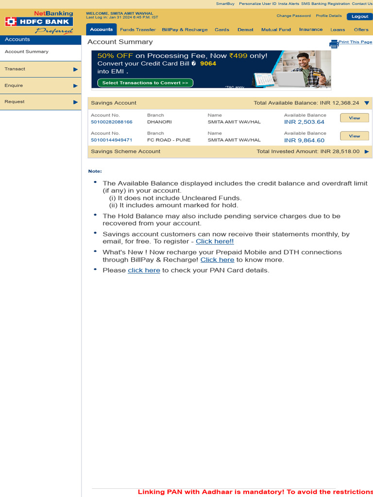 Welcome To HDFC Bank NetBanking | PDF | Credit Card | Overdraft