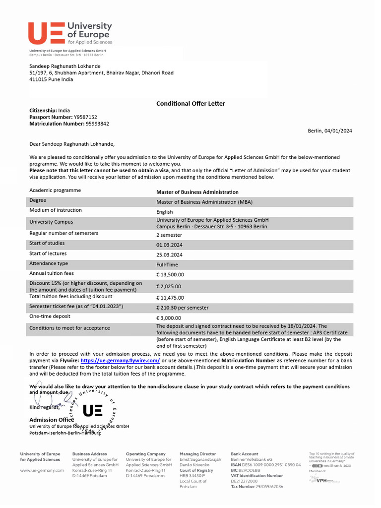 Conditional Offer Letter & Study Contract - 95993842 - Sandeep Raghunath - NES - Unsigned | PDF ...