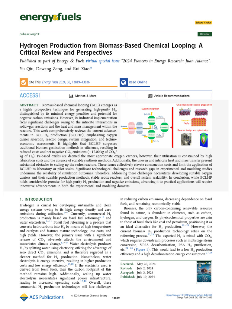 Hydrogen Production From BiomassBased Chemical Looping A Critical Review and PerspectivesEnergy ...