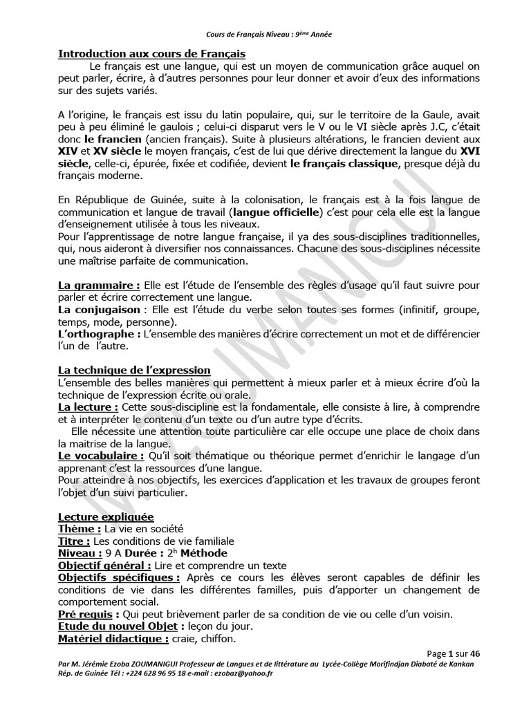 Cours de Français pour 9ème Année | PDF | Temps (grammaire) | Phrase