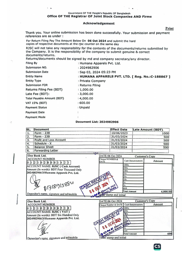 RJSC Acknowledgement - Annual Return 2024 (1) | PDF