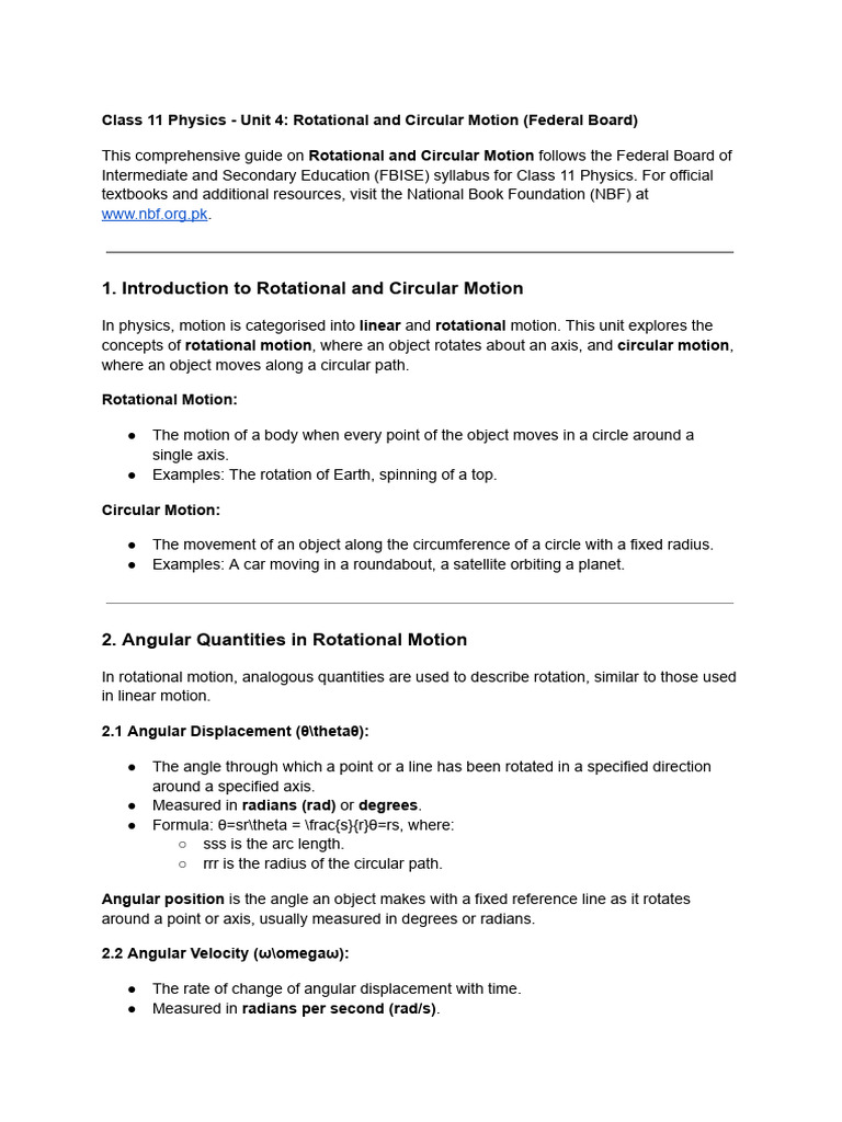 Class 11 Physics - Unit 4_ Rotational and Circular Motion (Federal Board) | PDF | Rotation ...