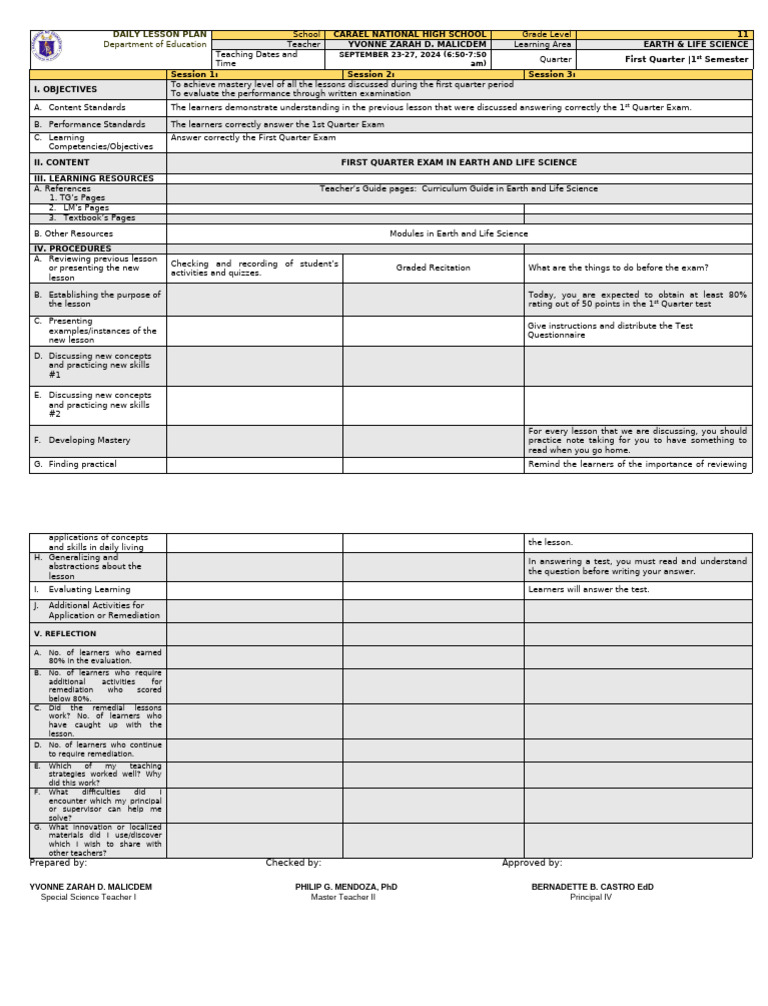 DLL Els Quarter 1 Week 8 Exam | PDF | Teachers | Lesson Plan