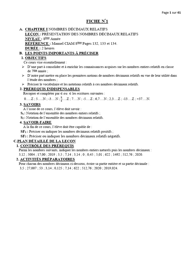 Nombres Décimaux Relatifs en 8ème | PDF | Entier relatif | Entier naturel