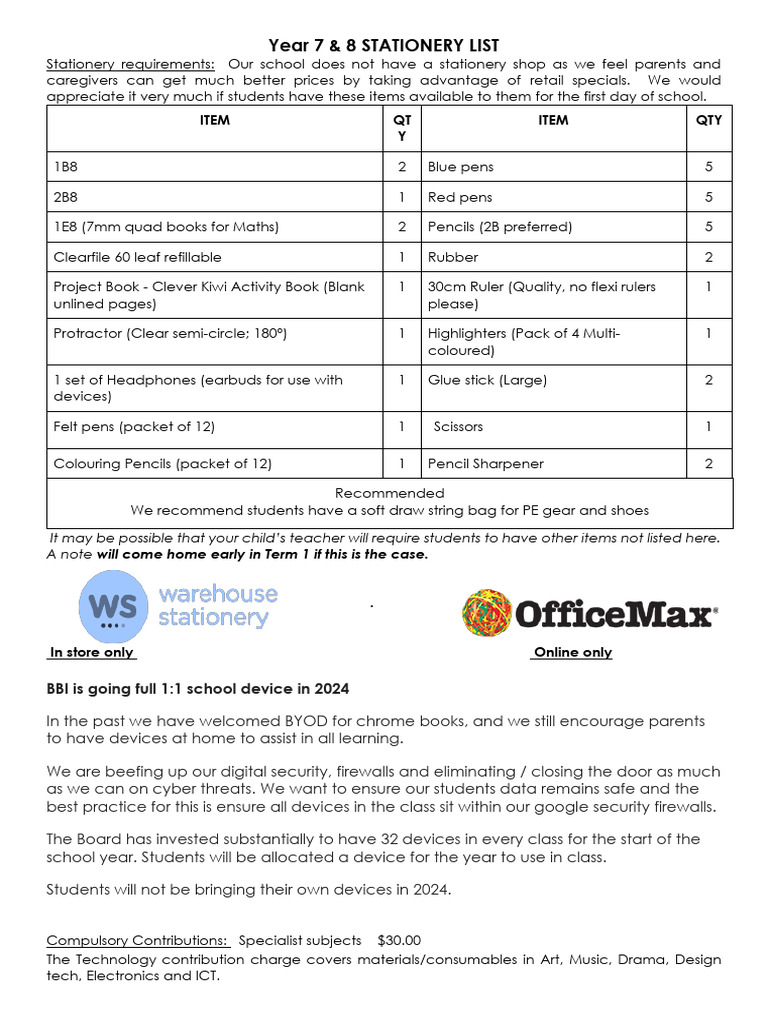 Y8 & Y7 Stationery List 2024 | PDF