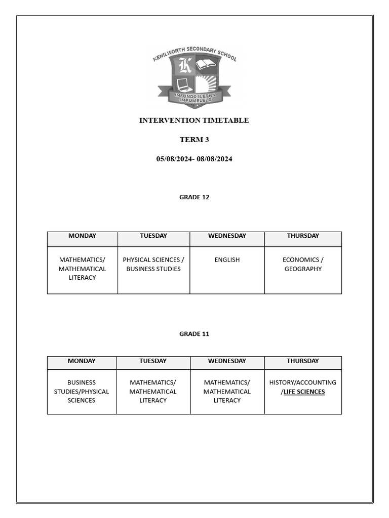 Grade 11-12 Term 3 Intervention Schedule | PDF