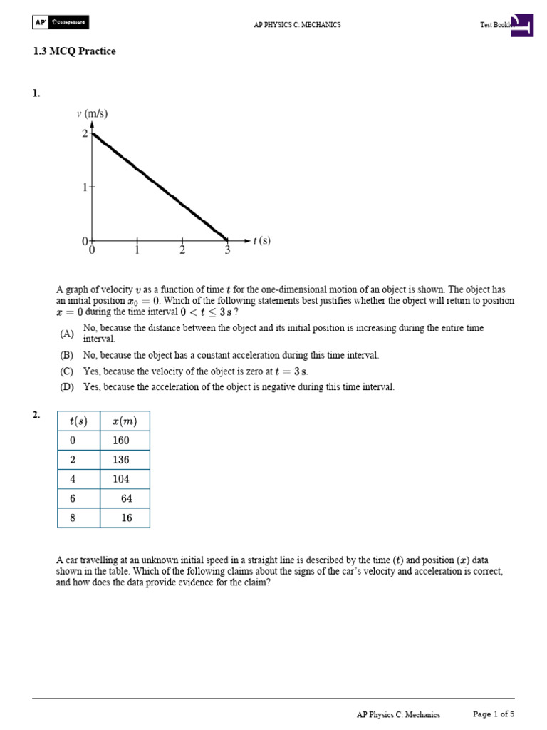 TB_1.3MCQPractice | PDF | Velocity | Acceleration