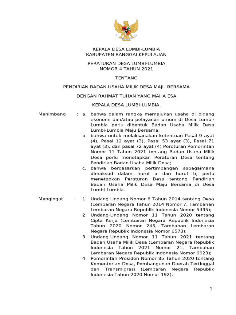 Pendirian BUMDes Maju Bersama Lumbi-Lumbia | PDF | Hukum | Griya & Taman