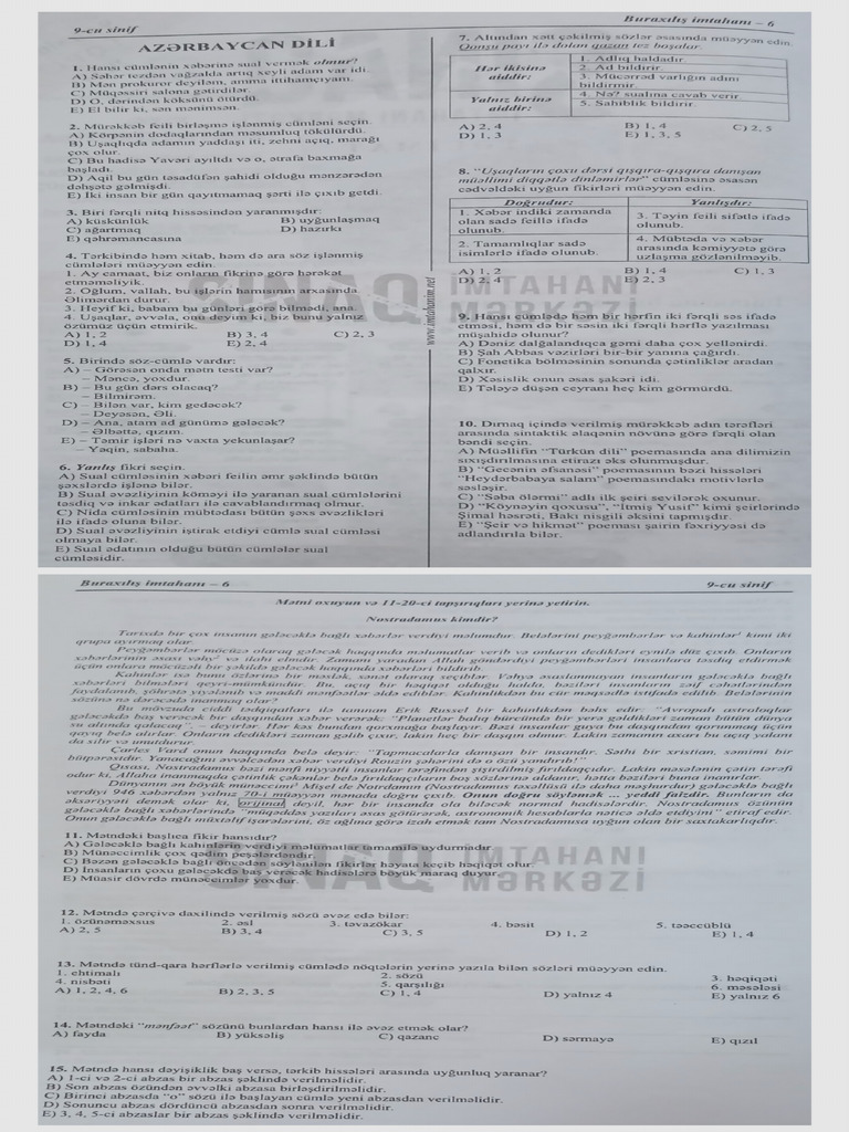 Azərbaycan Dili 9-Cu Sinif Sınaq - 241010 - 094832 | PDF