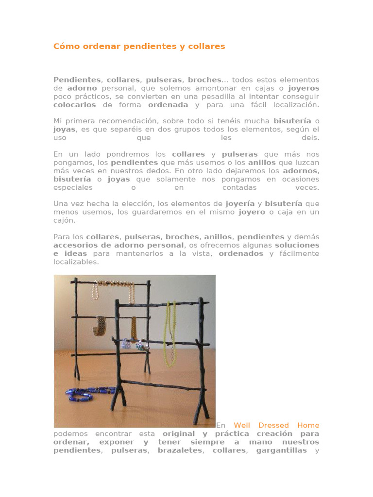 Cómo Ordenar Pendientes y Collares | PDF | Joyería | Pulsera