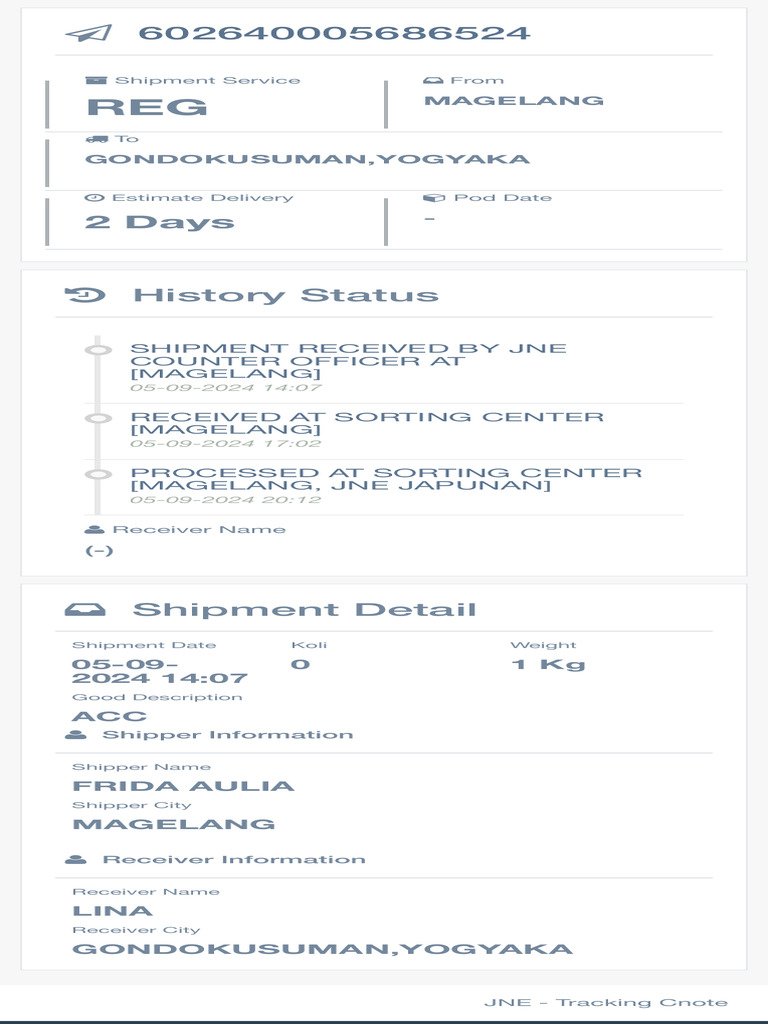 Cek Resi JNE - 602640005686524 | PDF