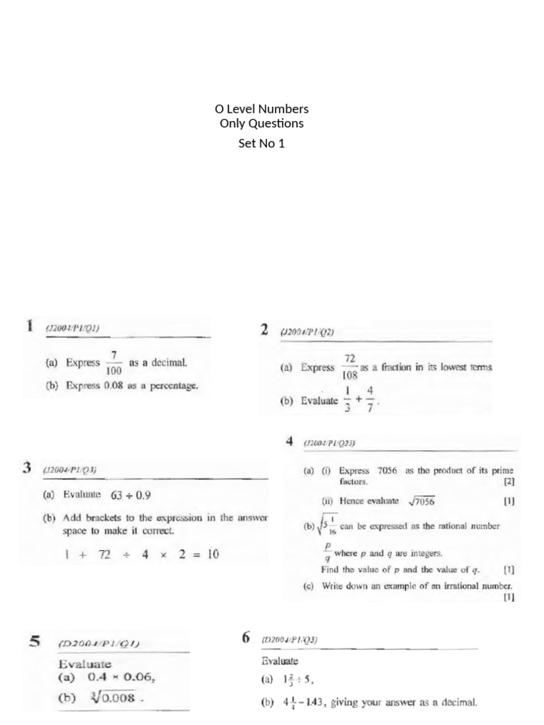 O Level Only Questions Numbers - Set 1 | PDF